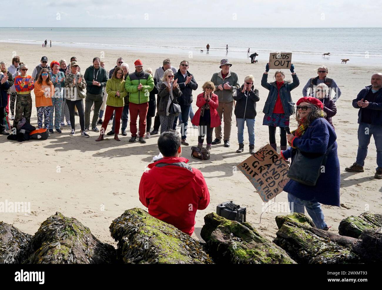 Clean water campaigners gather on Sunny Sands Beach in Folkestone, Kent ...