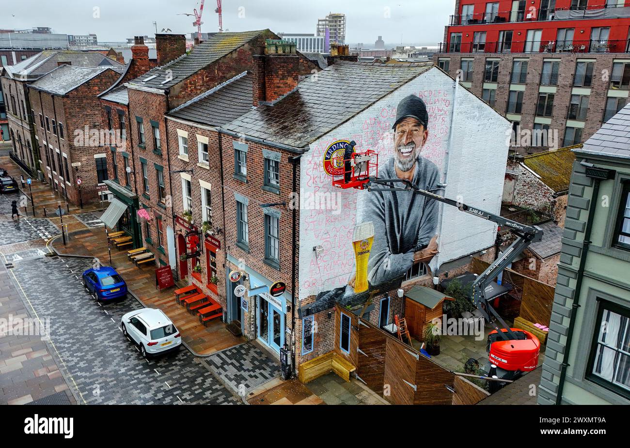 An aerial view of a mural depicting Liverpool manager Jurgen Klopp ...