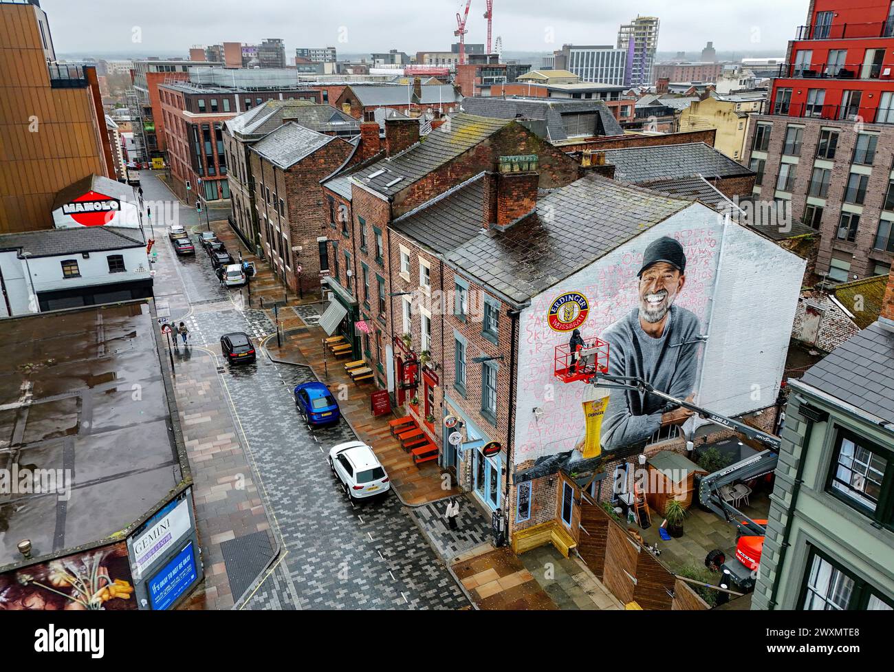 An aerial view of a mural depicting Liverpool manager Jurgen Klopp ...