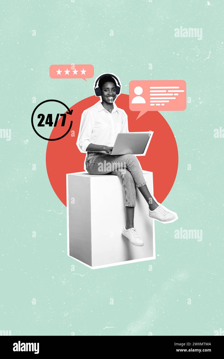 Vertical creative collage picture sitting young pretty girl customer ...