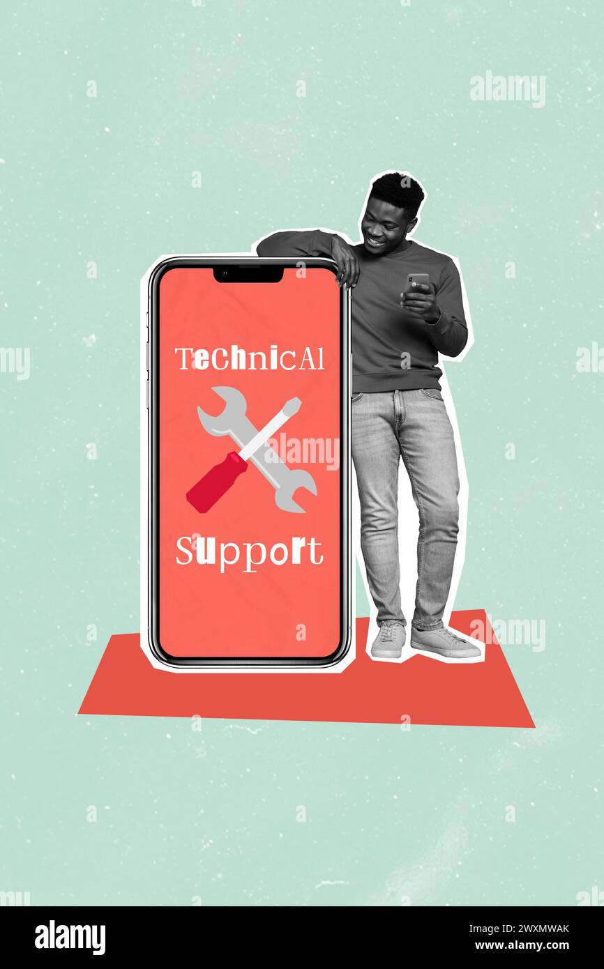 Vertical picture collage standing young man smartphone screen fix ...