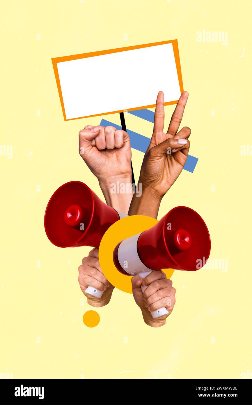 Vertical poster collage human hands showing protest loudspeaker ...