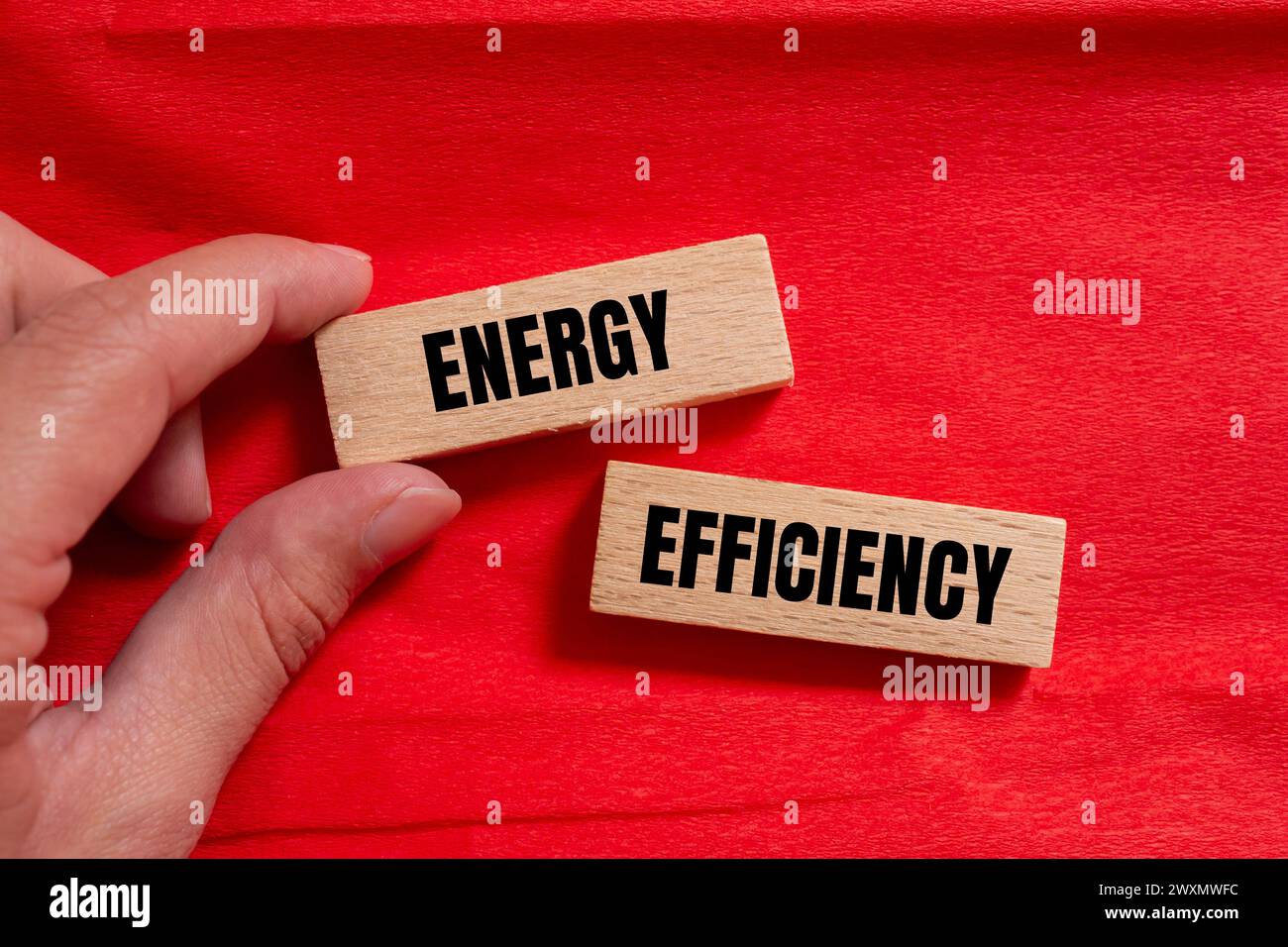 Energy efficiency words written on wooden blocks with red background ...
