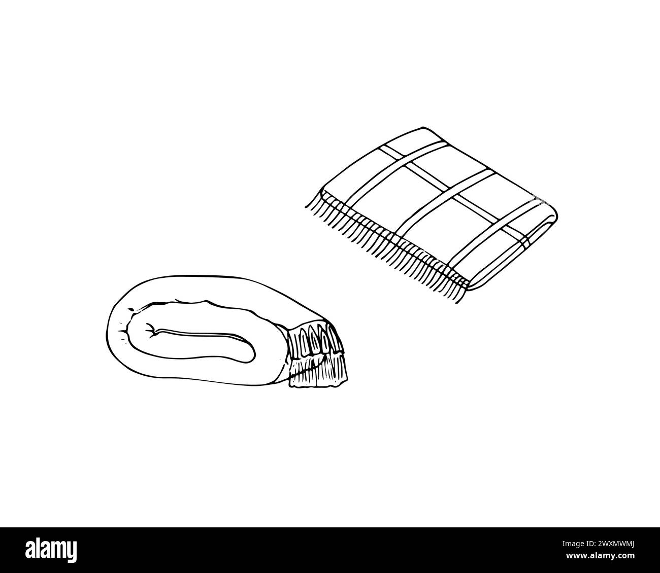 Hand drawn quilts. Folded plaid blanket set, side view. Doodle style ...