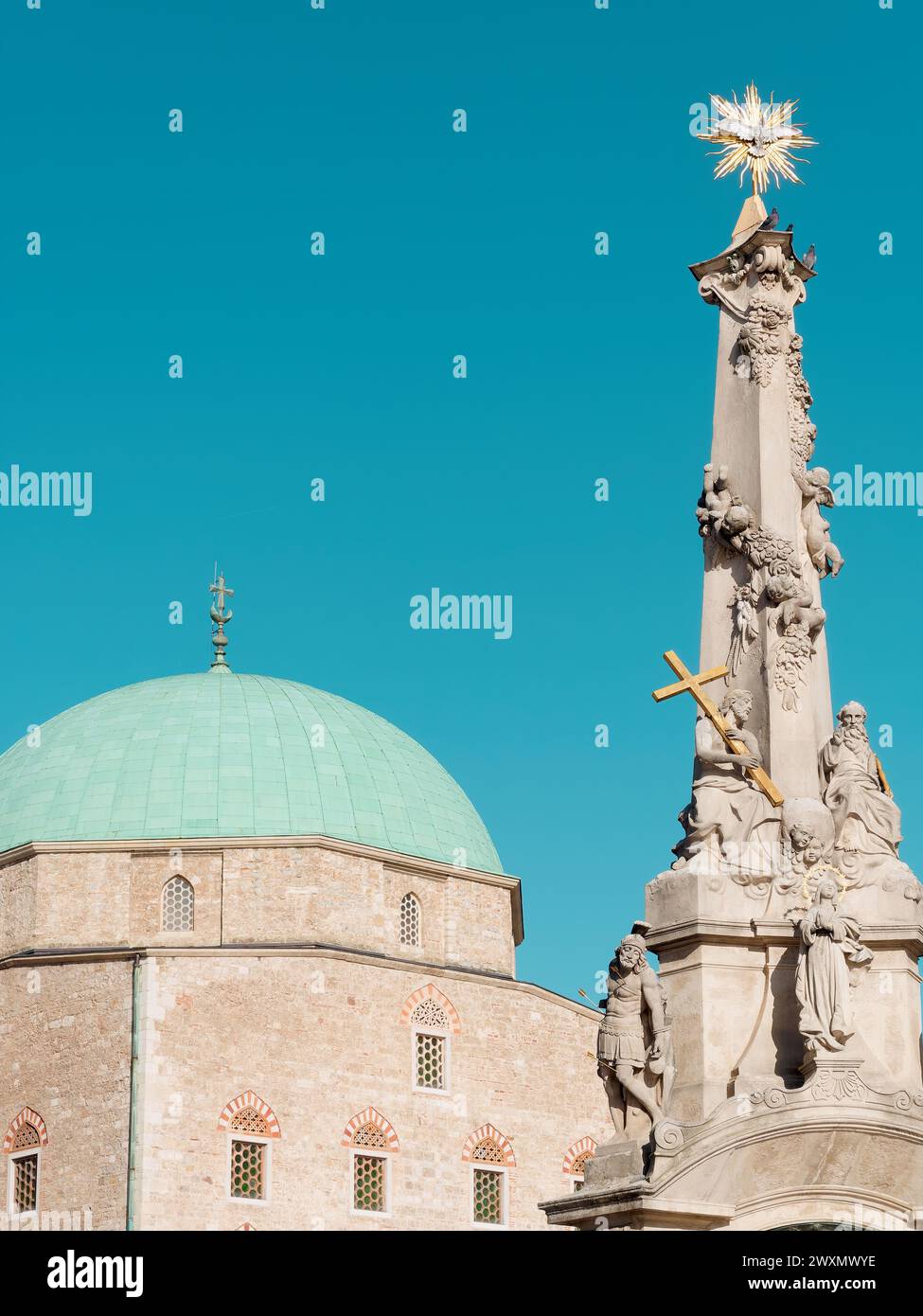 Mosque Church and Trinity Column, Pécs, Hungary Stock Photo - Alamy