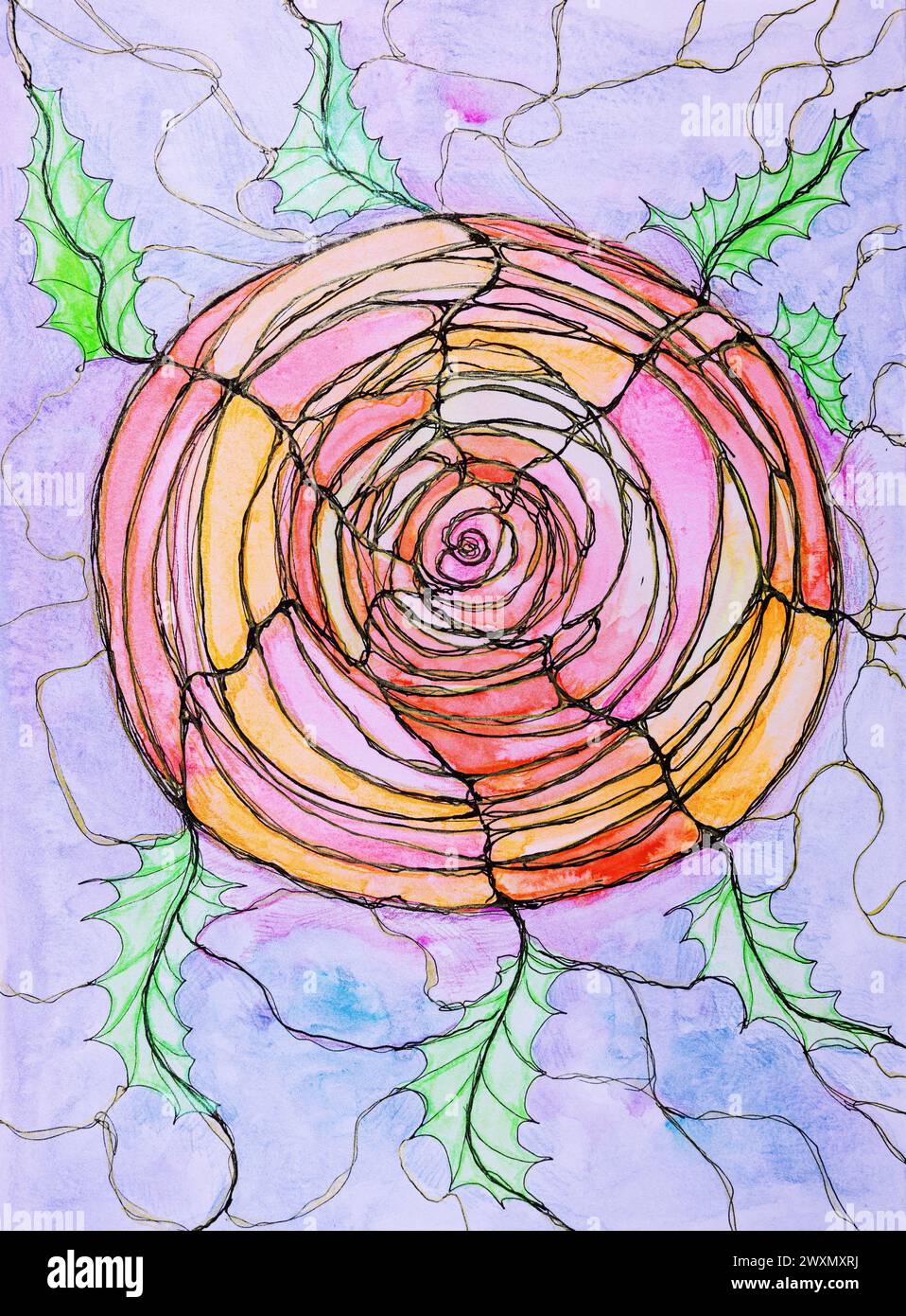 Neurographic rose with leaves on a blue sky. The dabbing technique near ...