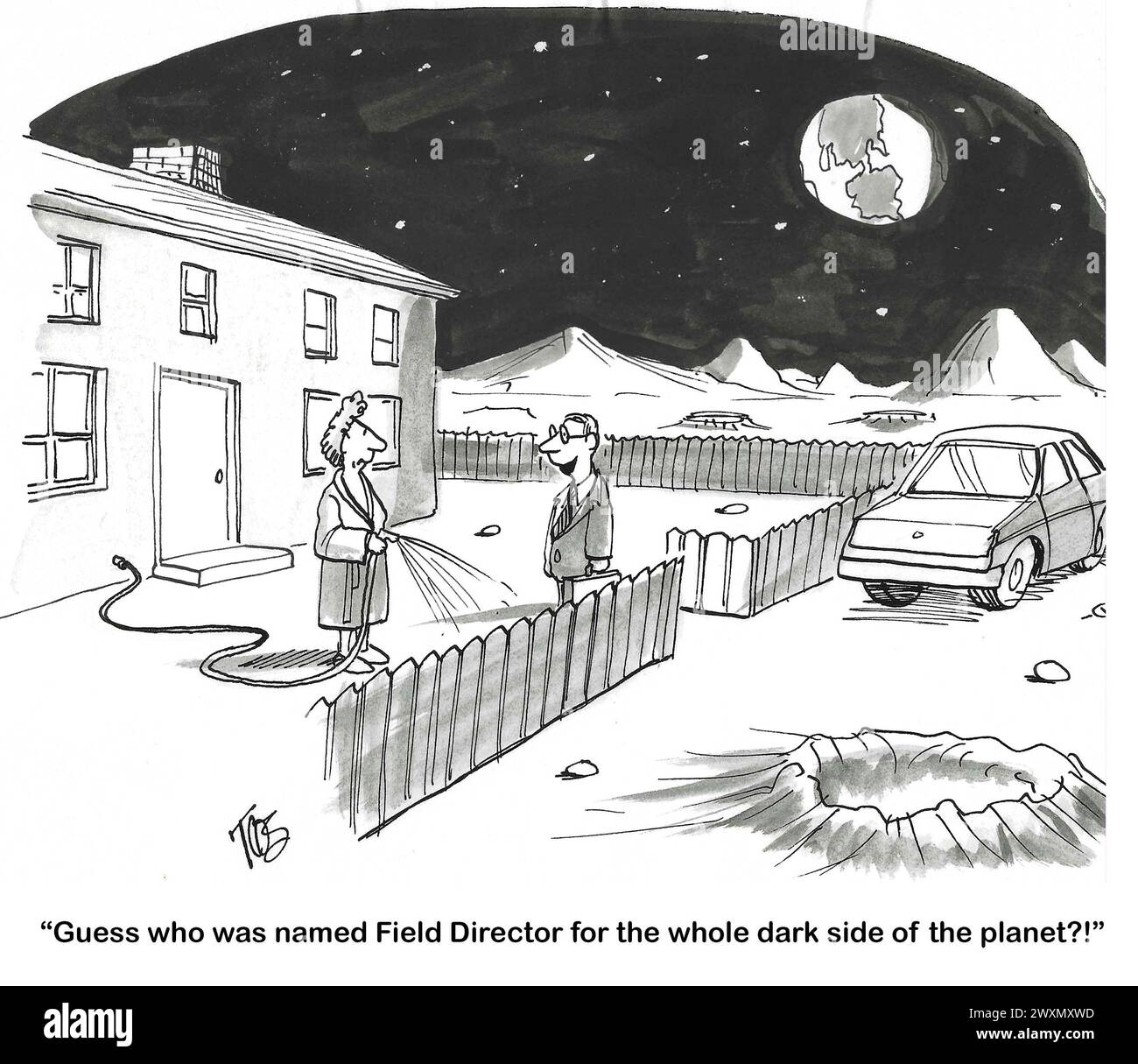 BW cartoon of a proud husband telling his wife he has a nice promotion ...