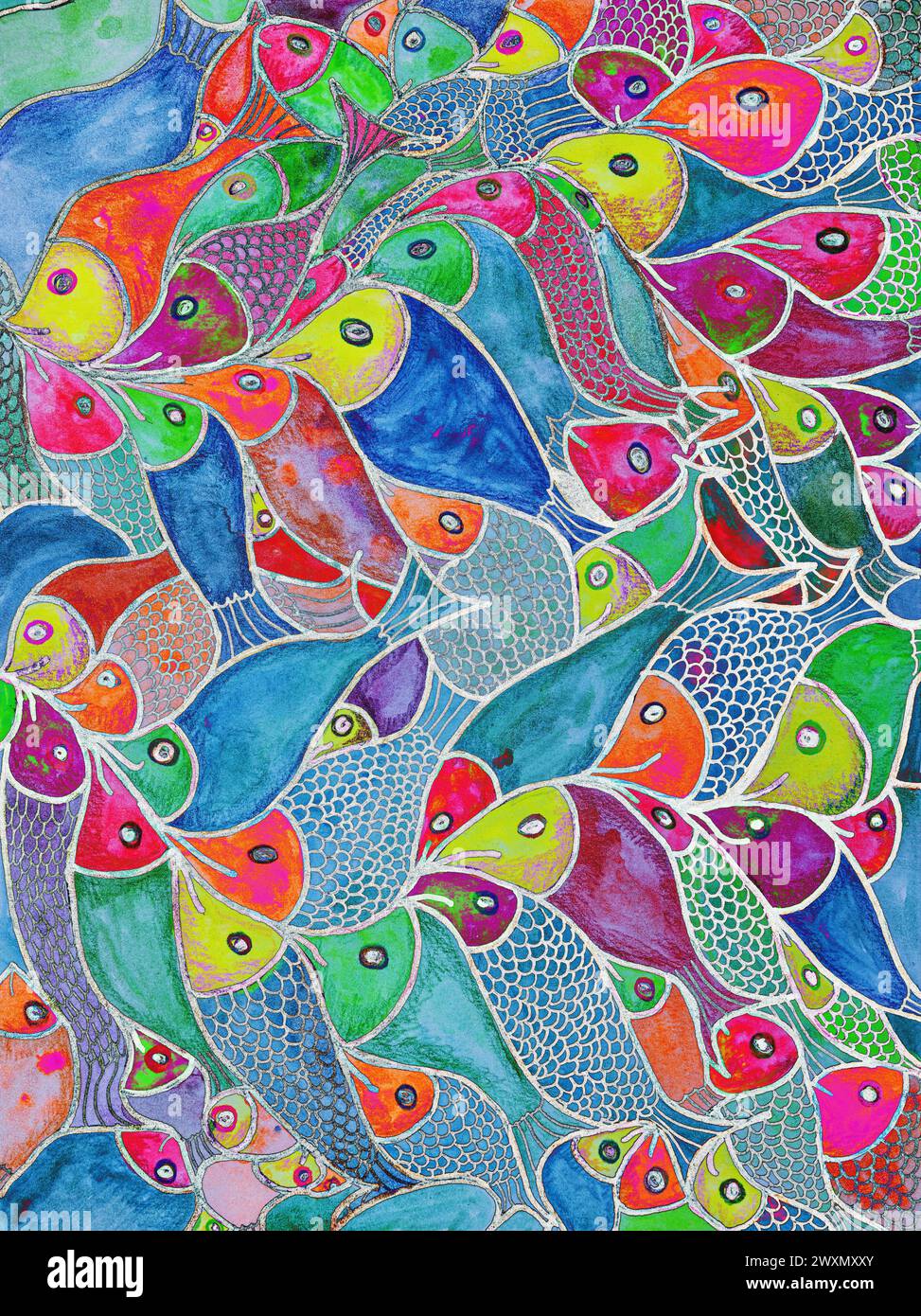 Pop art school of bright fish. The dabbing technique near the edges ...