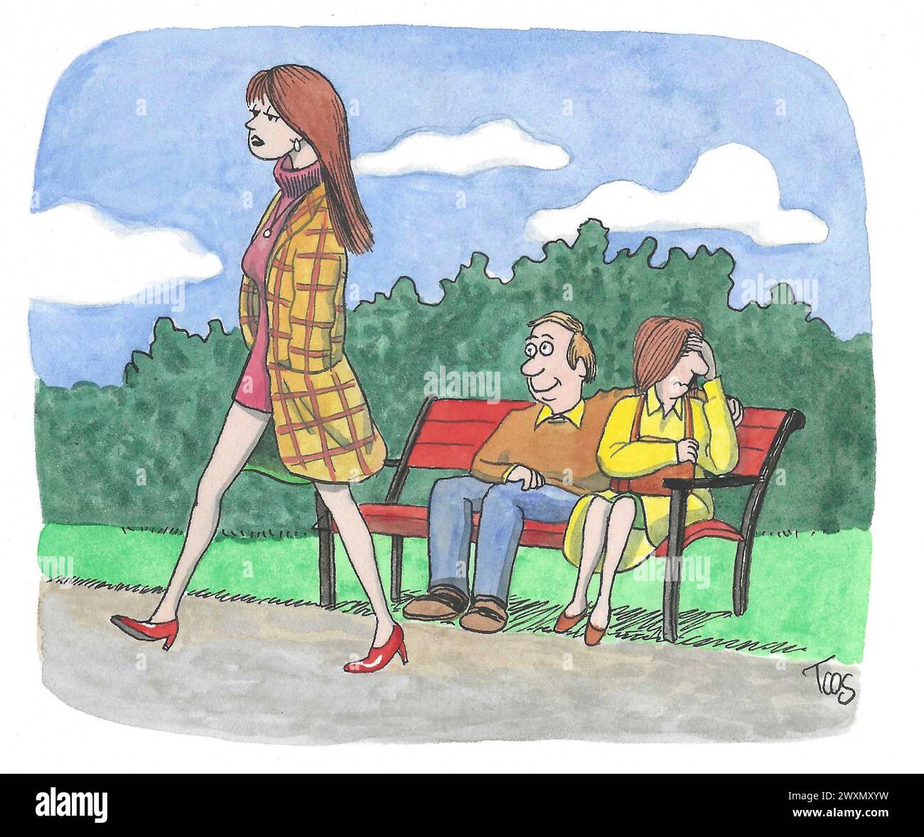 Color cartoon of a man admiring an attractive woman as his wife cringes ...