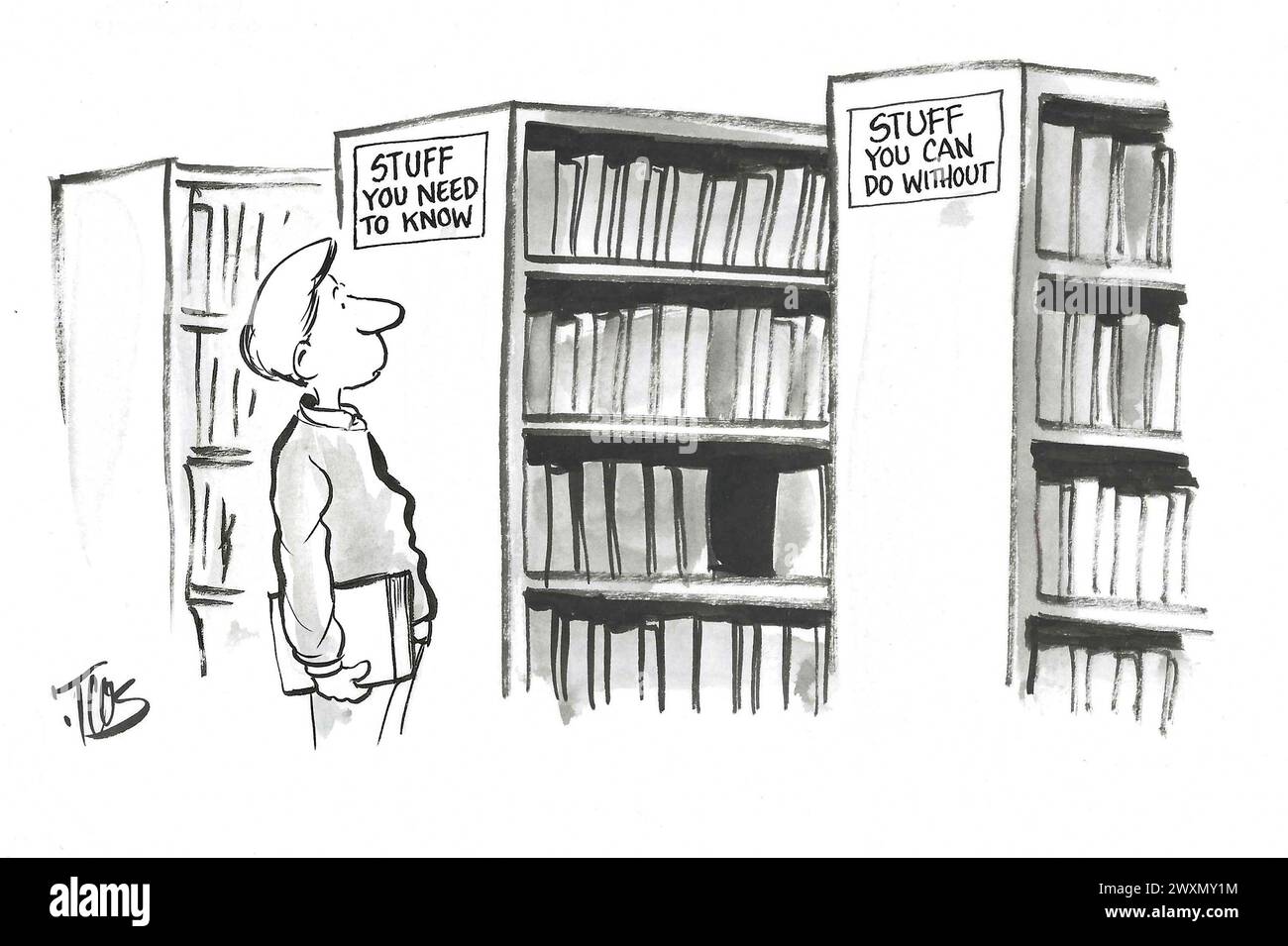 BW cartoon of a student in the college library looking at 'stuff you ...