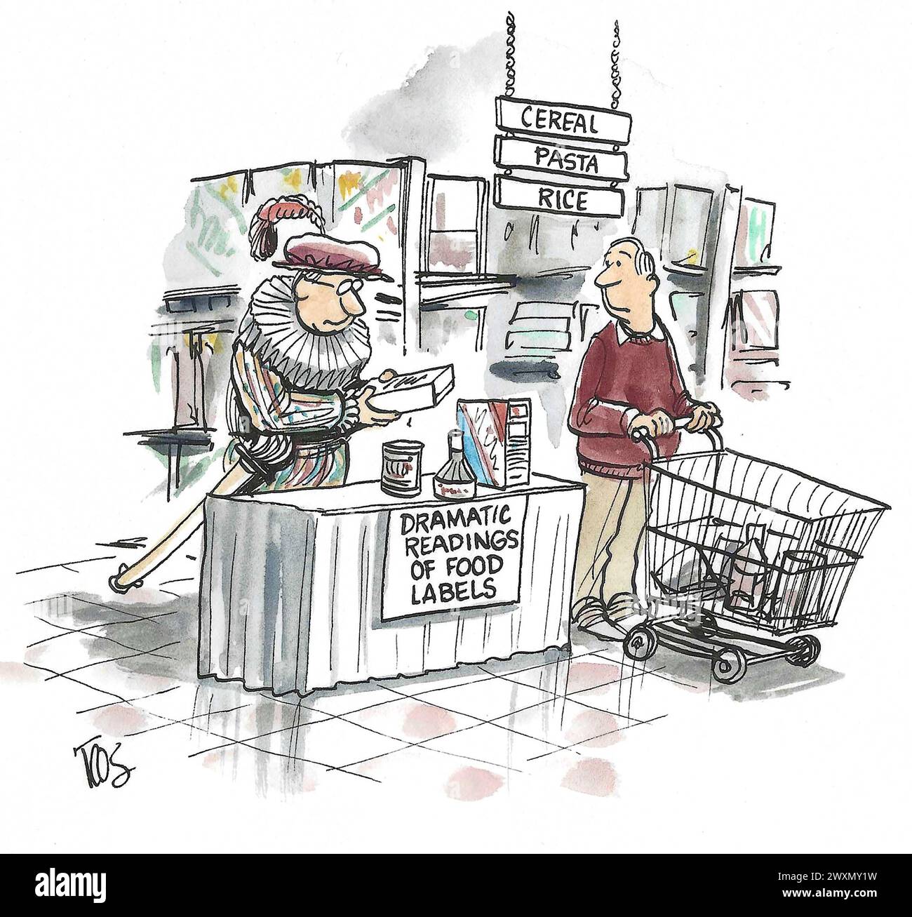 Color cartoon of a Shakespearean actor reading food labels in the ...