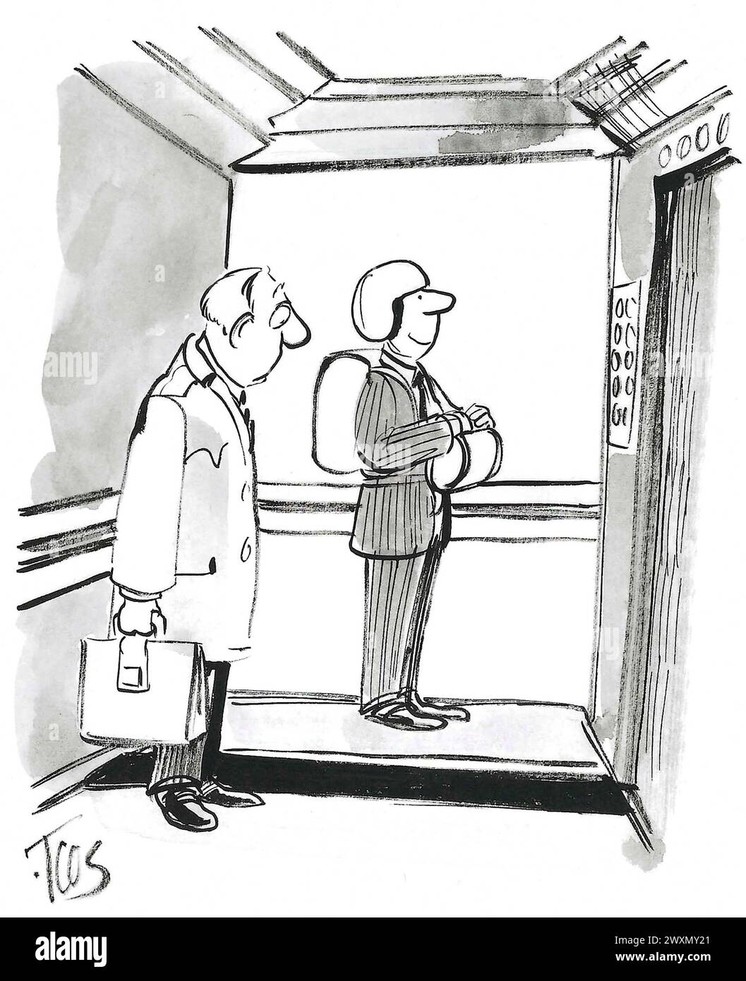 BW cartoon of a man with a parachute prepared for the elevator opening ...