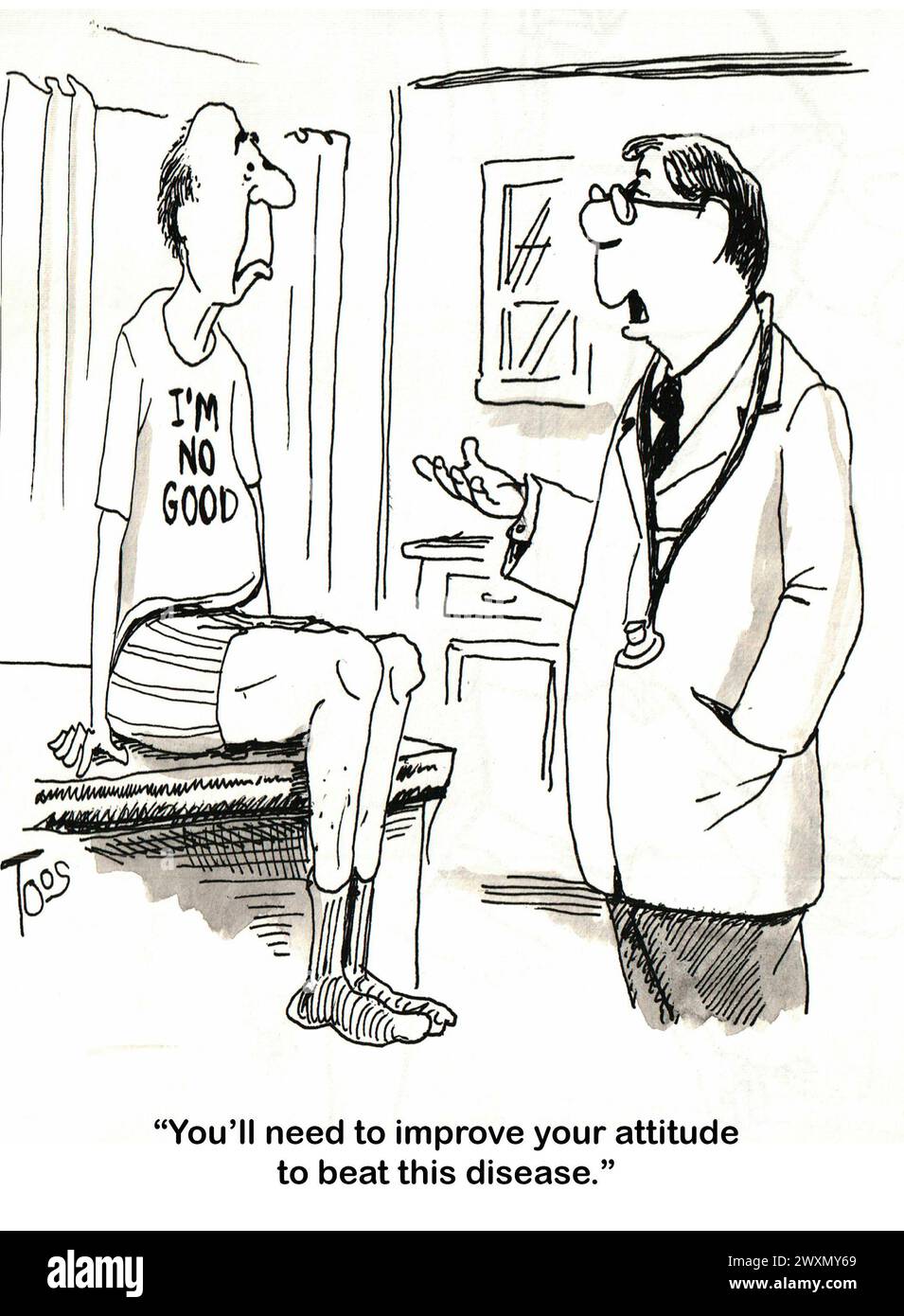 BW cartoon of a man who thinks he is no good. The doctor tells him to ...