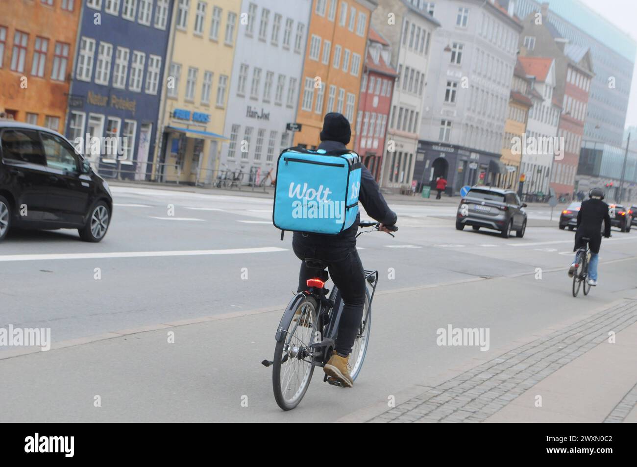 Copenhagen, Denmark /01 April 2024/. Wolt partner food delivery bikers ...