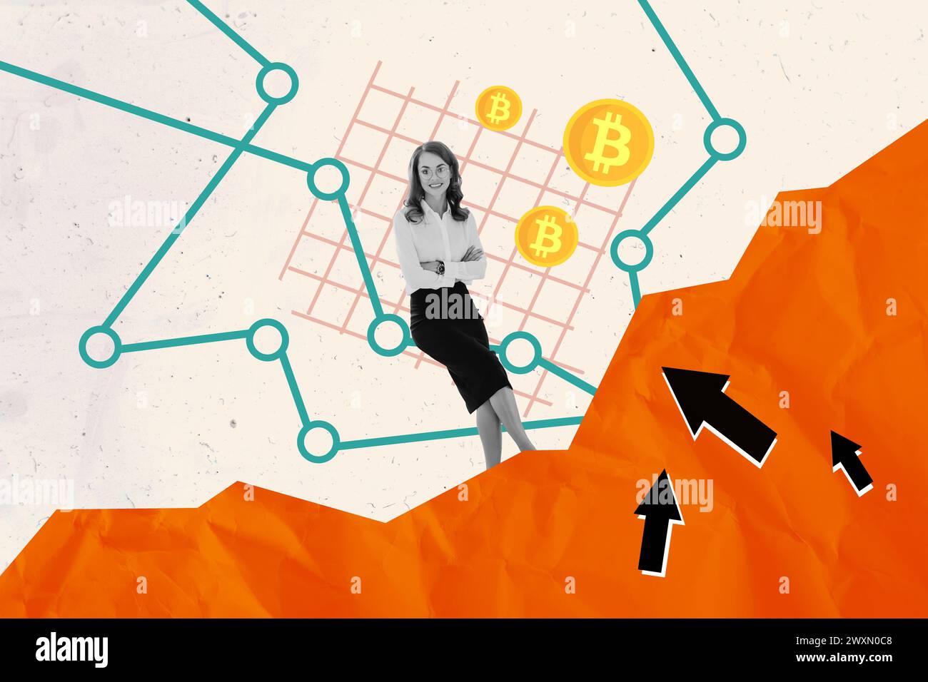 Composite photo collage of happy girl sit bitcoin emblem cryptocurrency ...