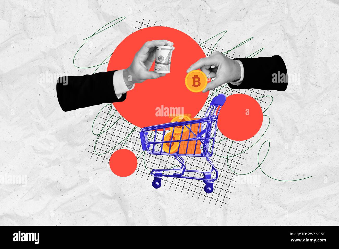 Composite photo collage of hands exchange dollars roll bitcoin gold ...