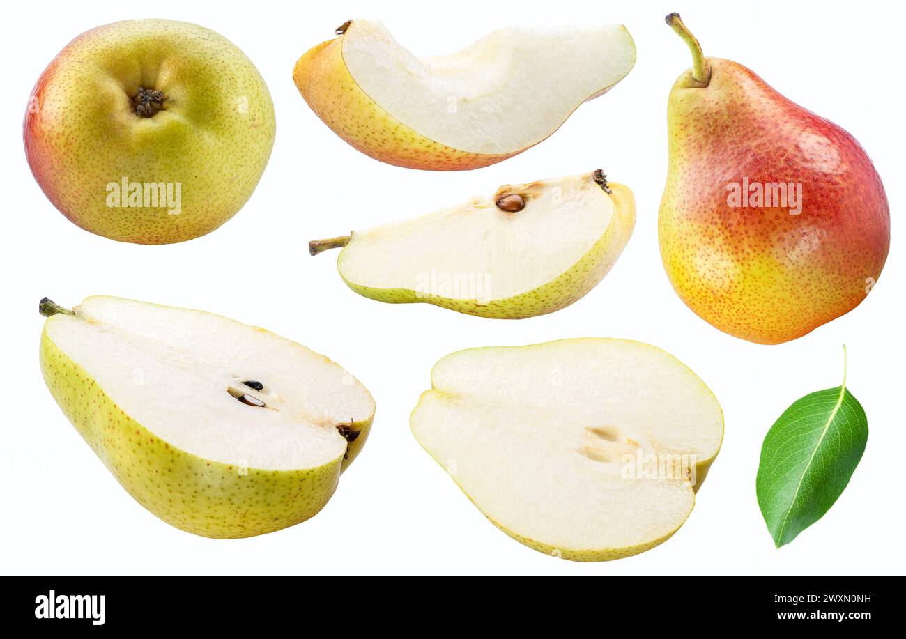 Set of pears and pear slices on white background. File contains ...