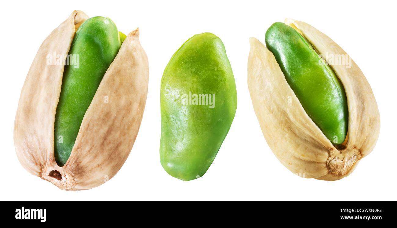 Three pistachio seeds on white background. File contains clipping path ...