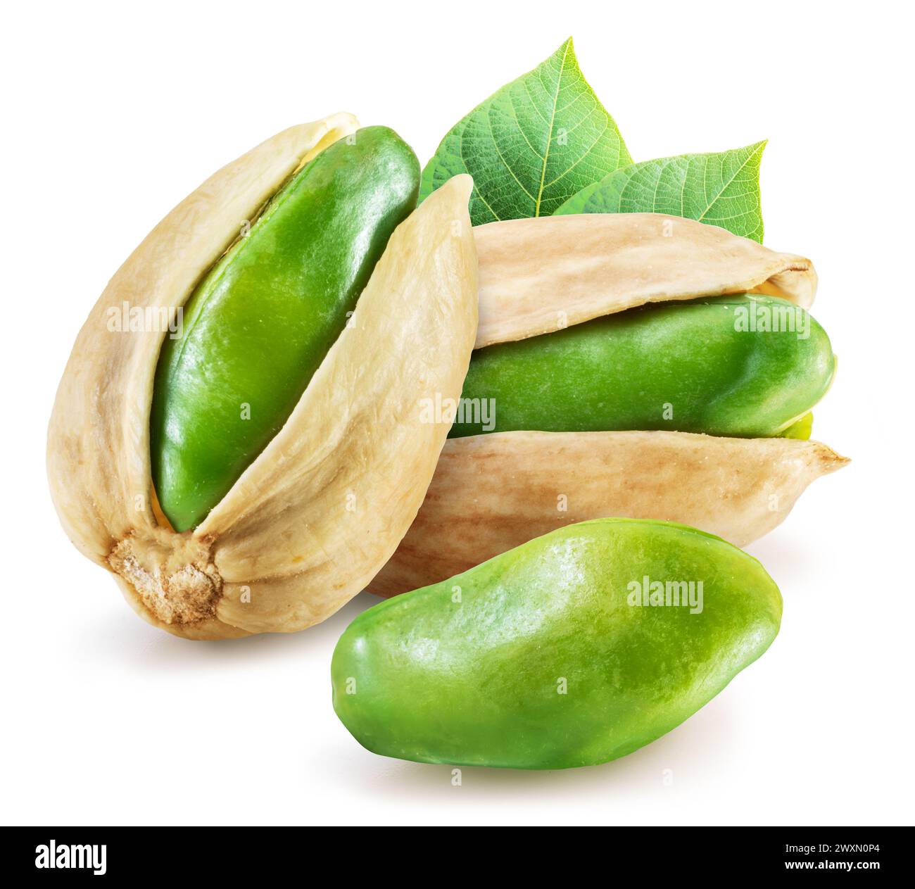 Fresh pistachio seeds with shell and leaves isolated on white ...