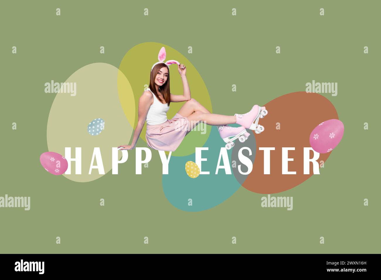 Composite collage image of stunning girl roller skater bunny ears happy ...