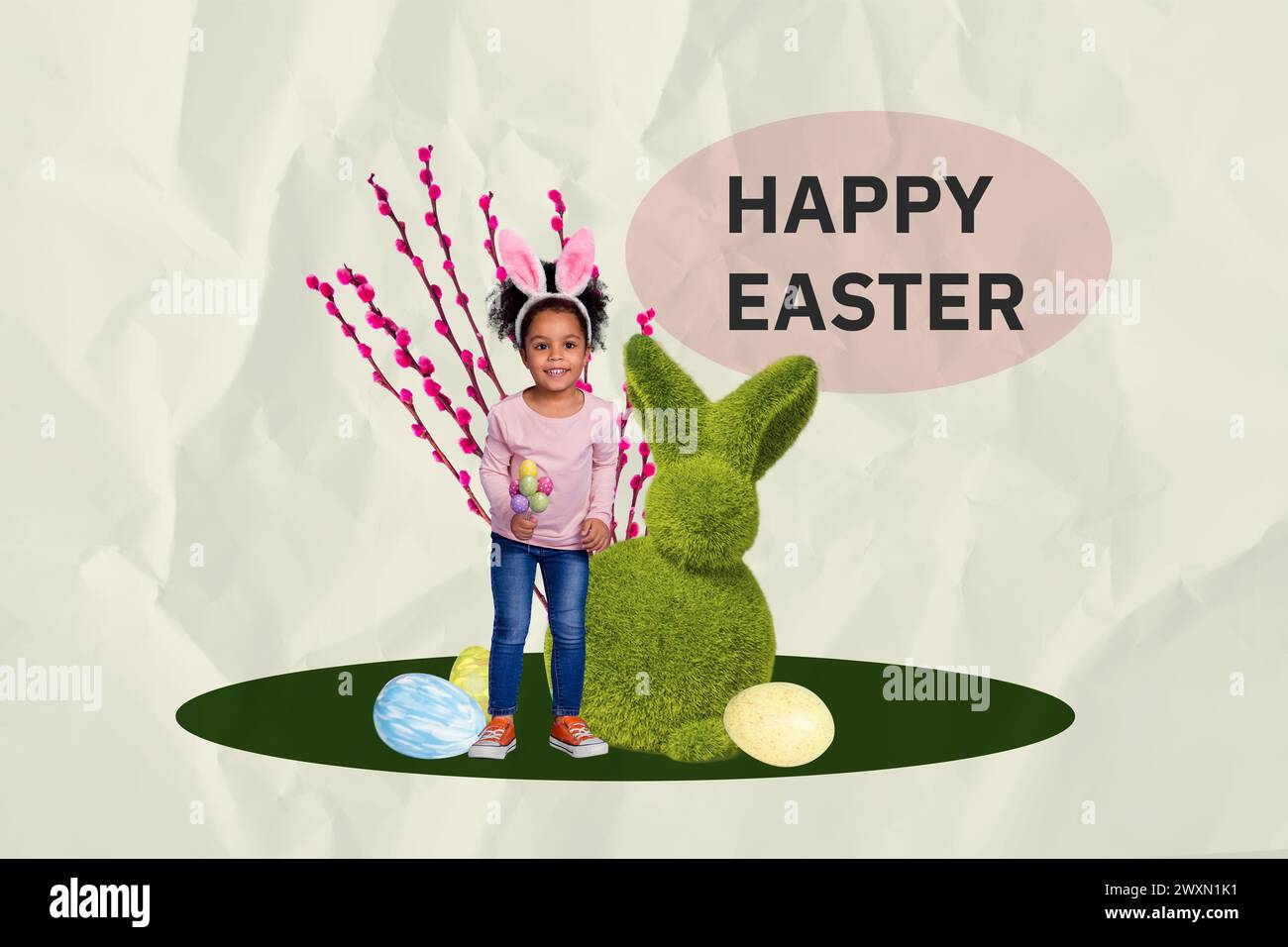 Composite collage image of funny cute girl bunny ears rabbit grass bush ...