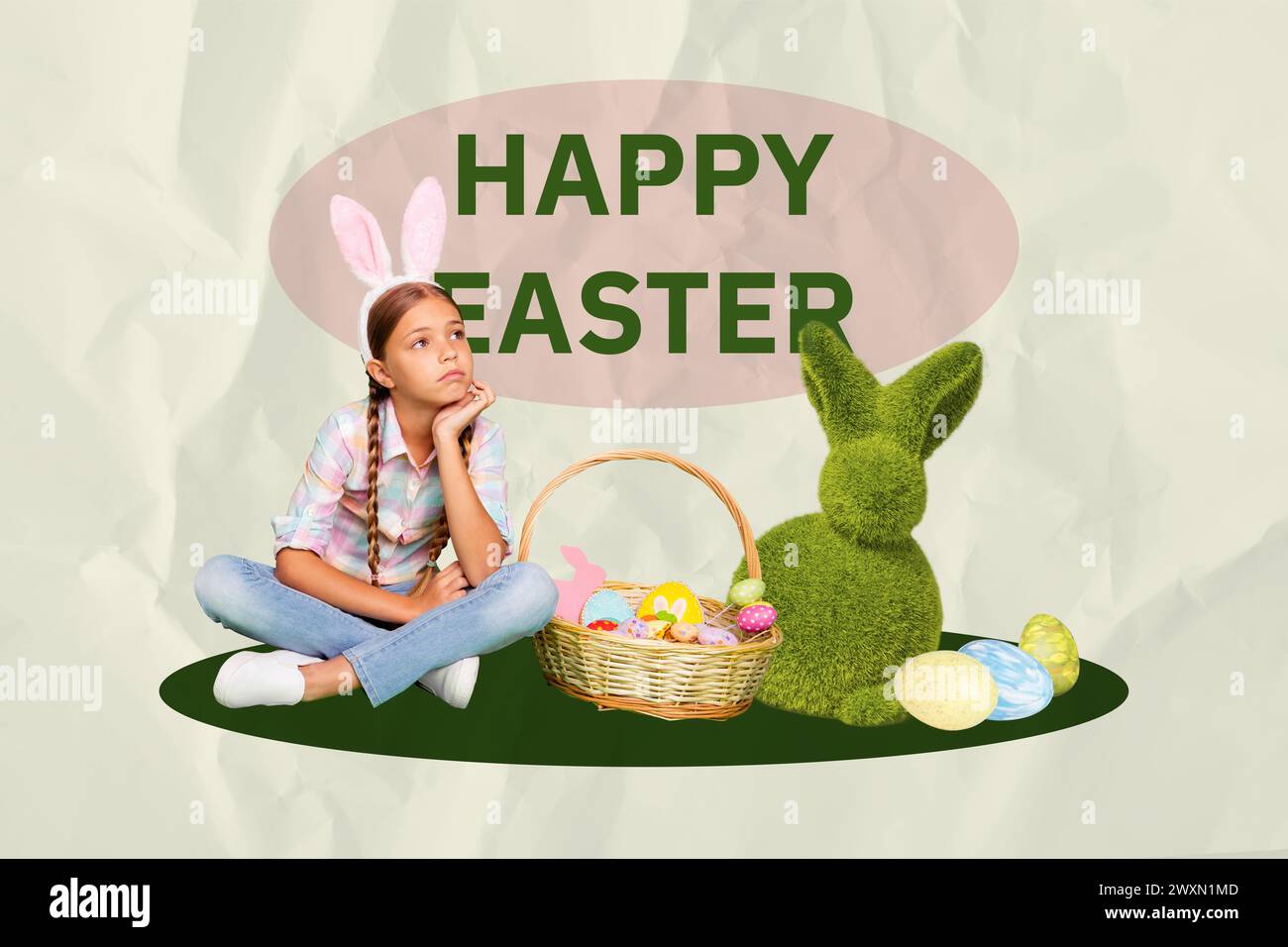 Creative drawing collage picture of funny cute girl boring bunny ears ...