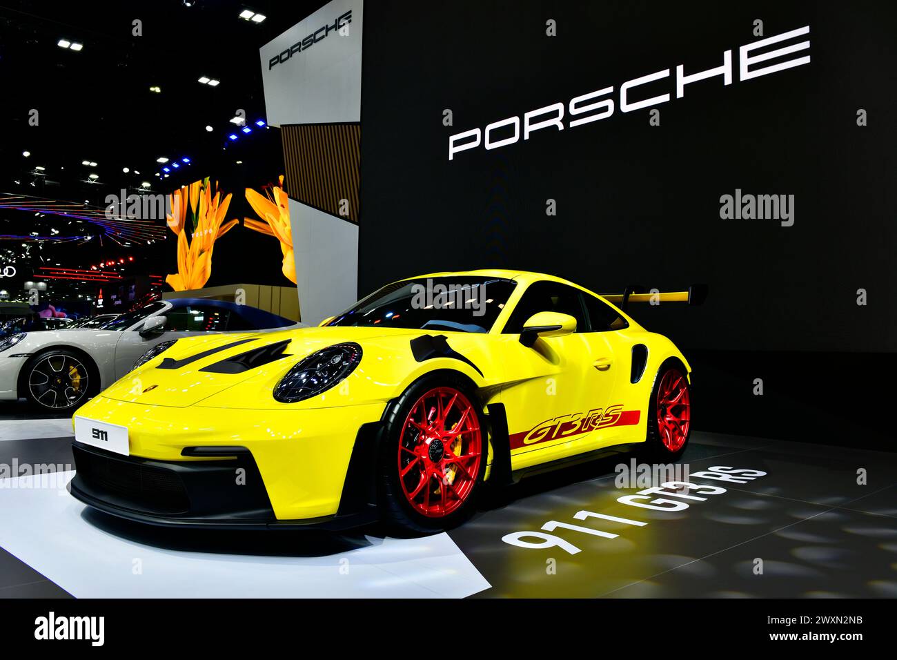 Thailand-March 27,2024: Yellow Porsche 911 GT3 RS sportscar.at the 45 Bangkok International ...