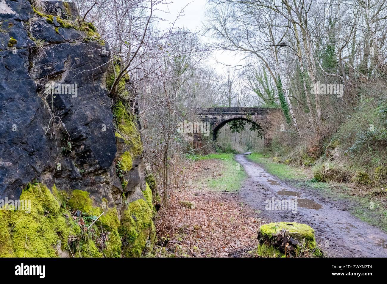 Disused railway line used for a bridleway with victorian stone bridge ...