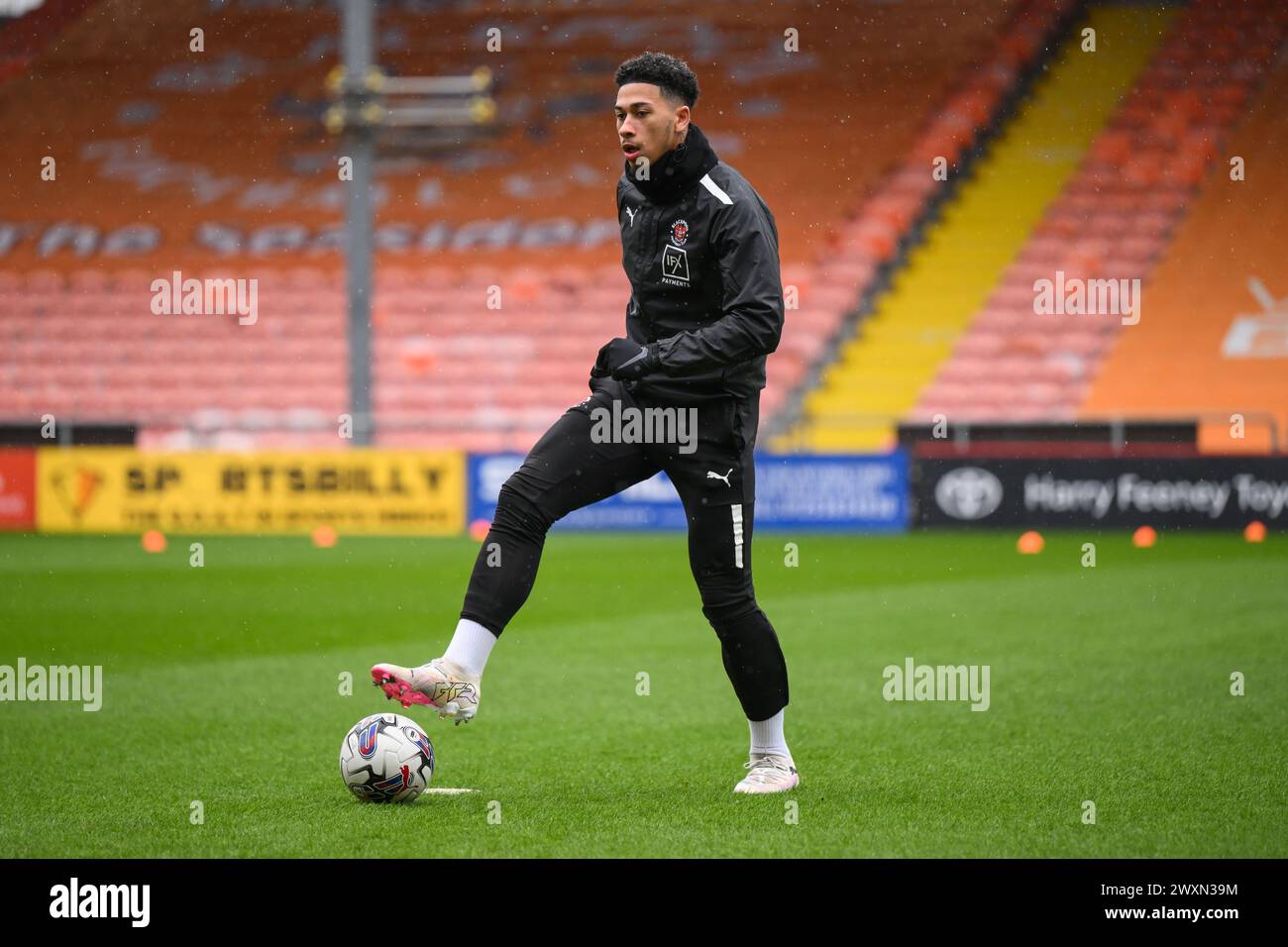 Jordan Lawrence-Gabriel of Blackpool during the pre-game warmup ahead ...