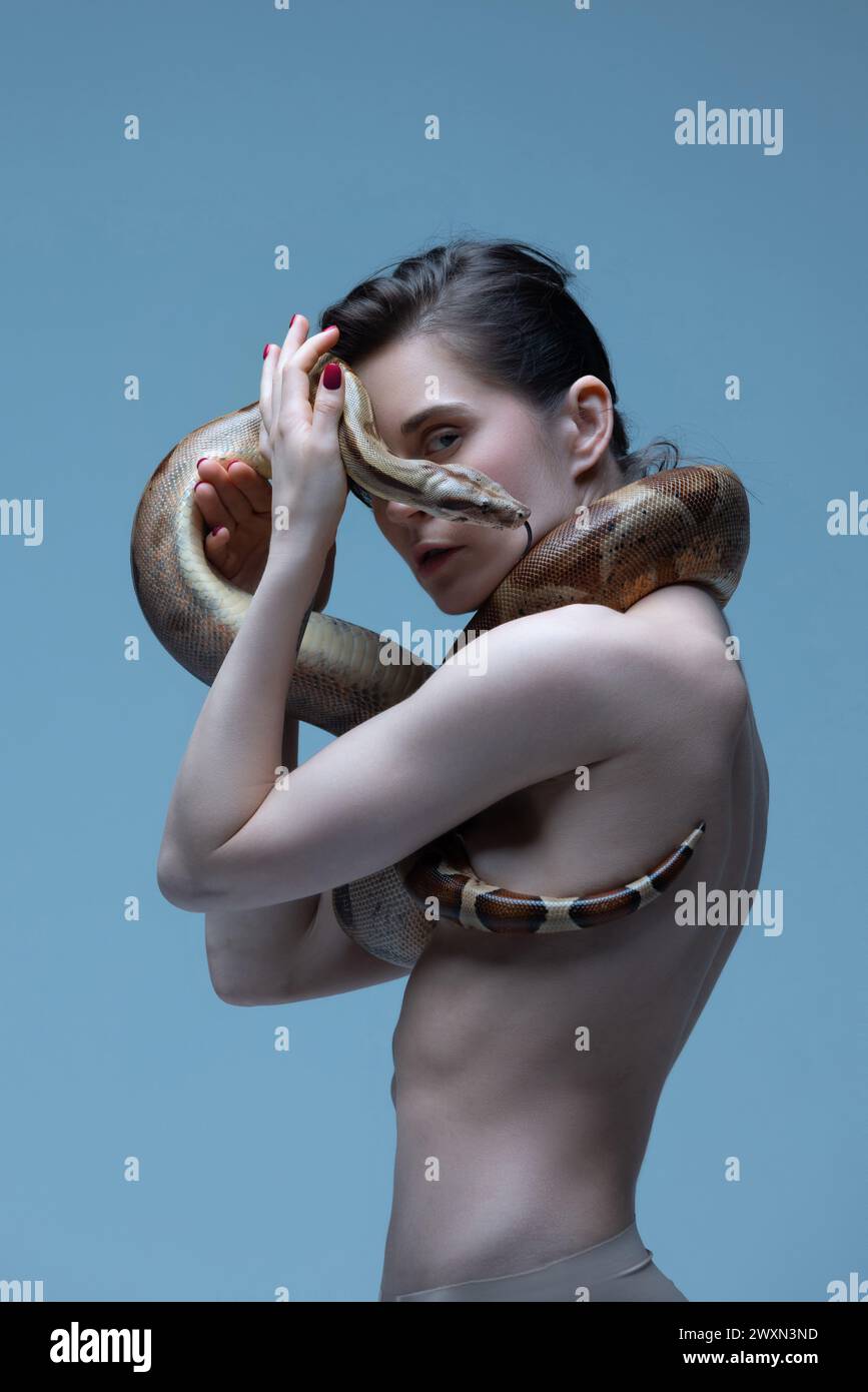 Beautiful brunette young woman with slim body posing with snake on blue studio background. Inner ...