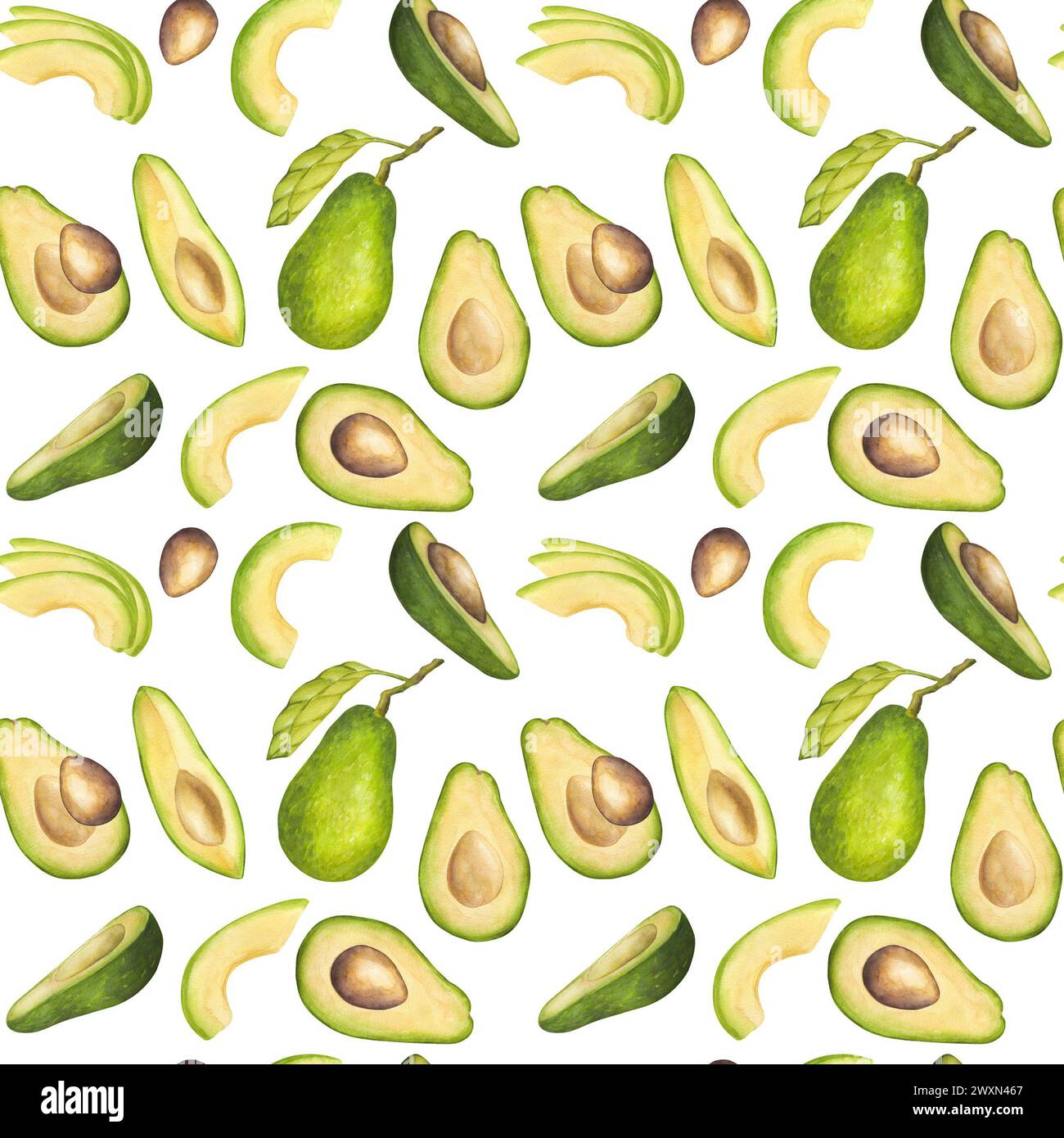 Avocado seamless pattern. Fruit half with seed core, sliced pieces ...