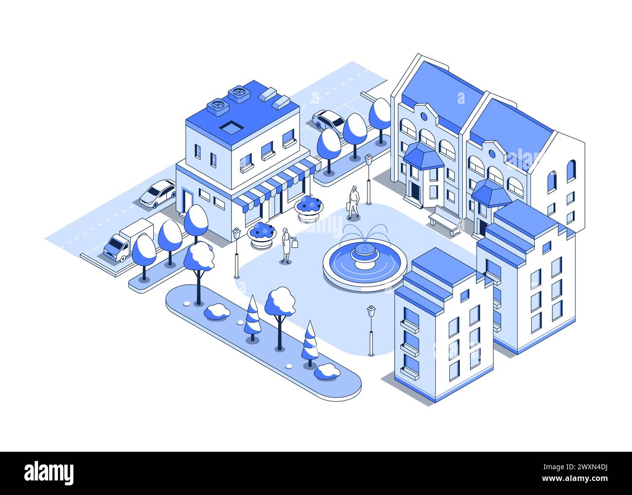Street with shops and fountain - vector isometric illustration Stock ...