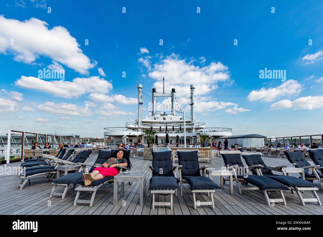 Rotterdam, Netherlands, May 2016. Stern of cruise ship with sunbathing ...