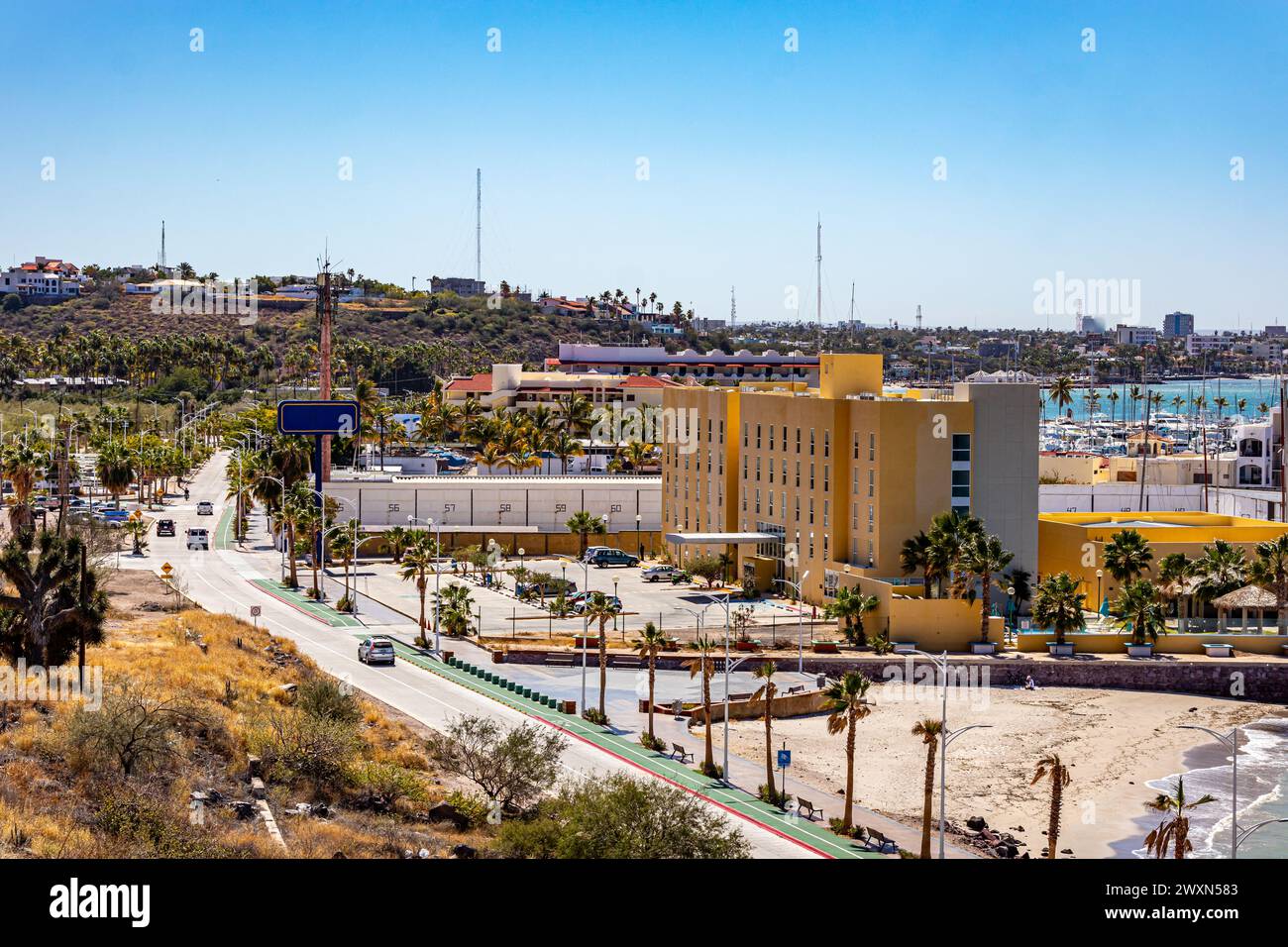 Urban landscape from aerial view of city of La Paz, street with cars ...