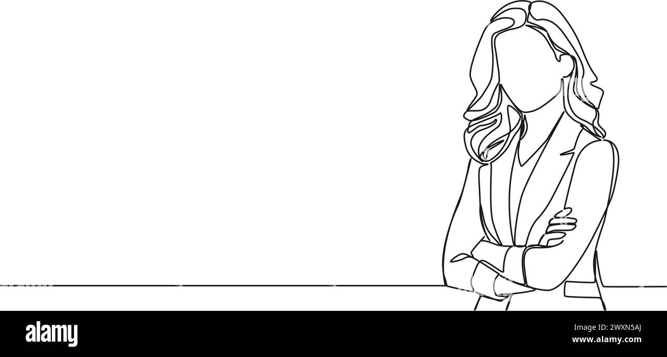 Continuous Single Line Drawing Of Businesswoman Standing With Arms
