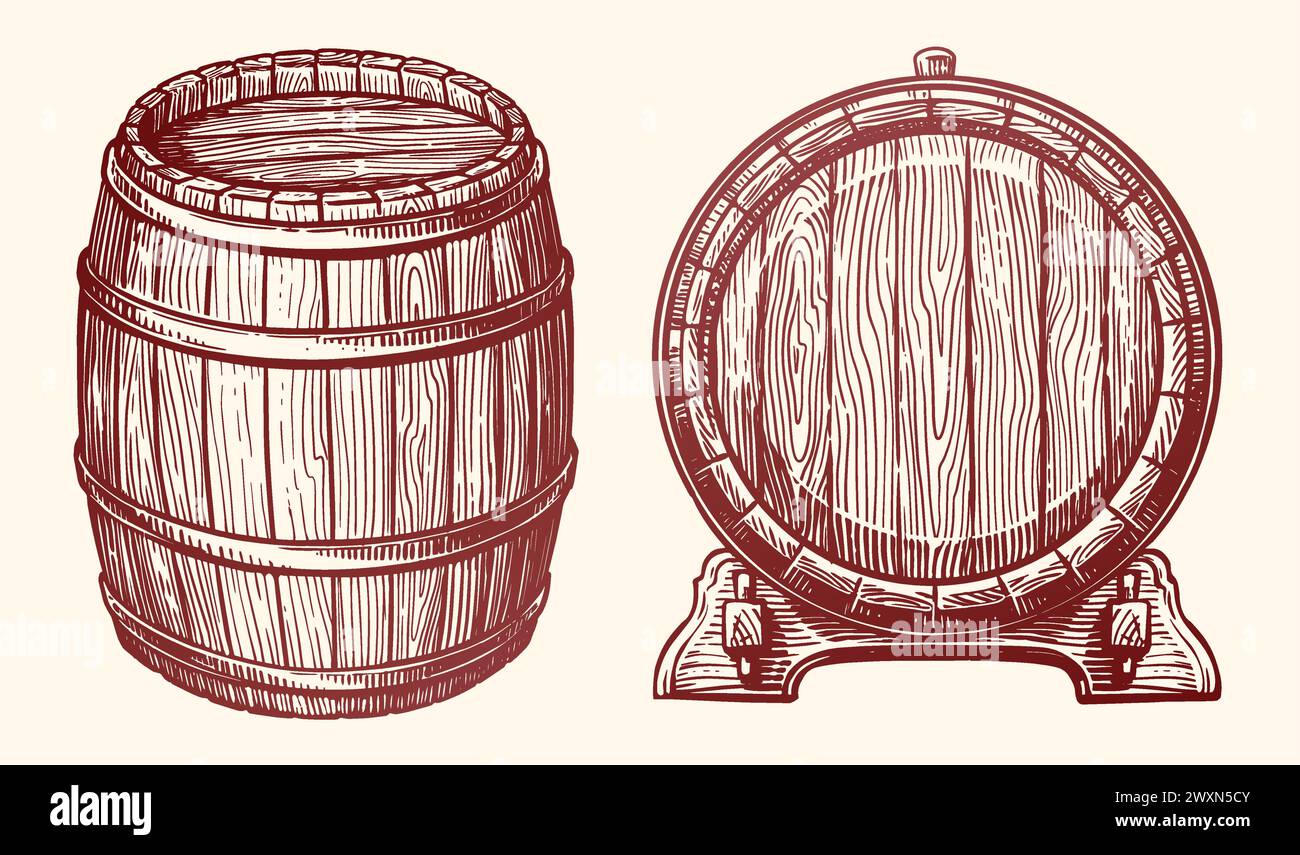 Wooden barrel, set. Oak cask sketch style. Hand drawn vintage vector ...