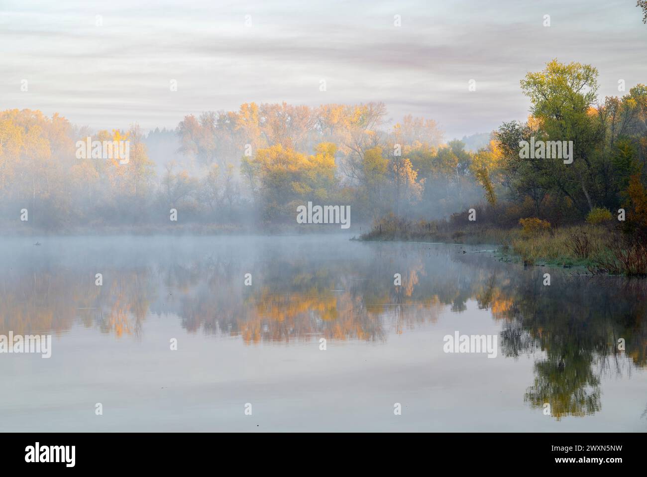 Fog over Empire Lake. Whitetail Woods Regional Park, Autumn, MN, USA ...