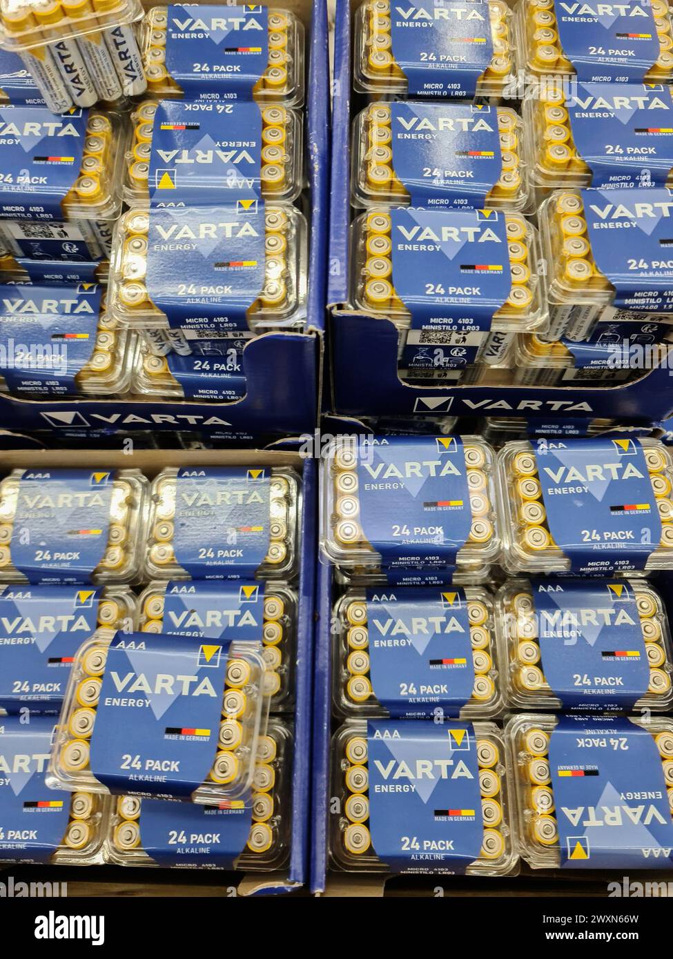 Kiel, Germany - 01. April 2024: Lots of packaging with Varta brand ...