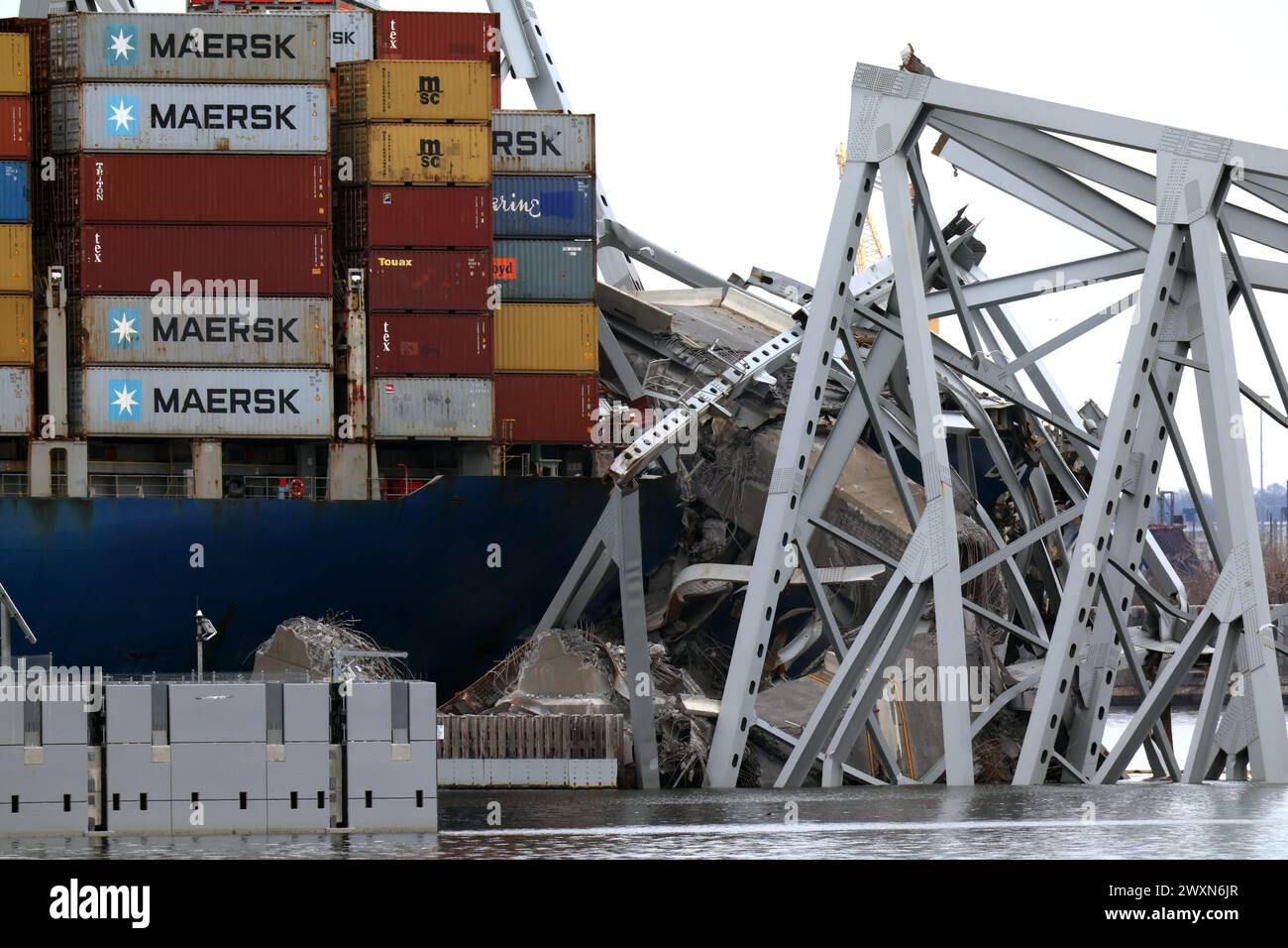 BALTIMORE, MD - MARCH 31: View of the stranded cargo ship at the site ...