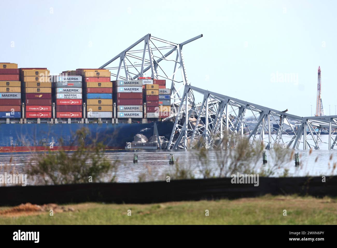 BALTIMORE, MD - MARCH 31: View of the stranded cargo ship at the site ...