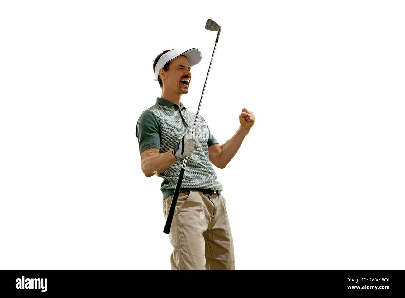 Joyful golfer in retro outfit and cap celebrating perfect goal with ...