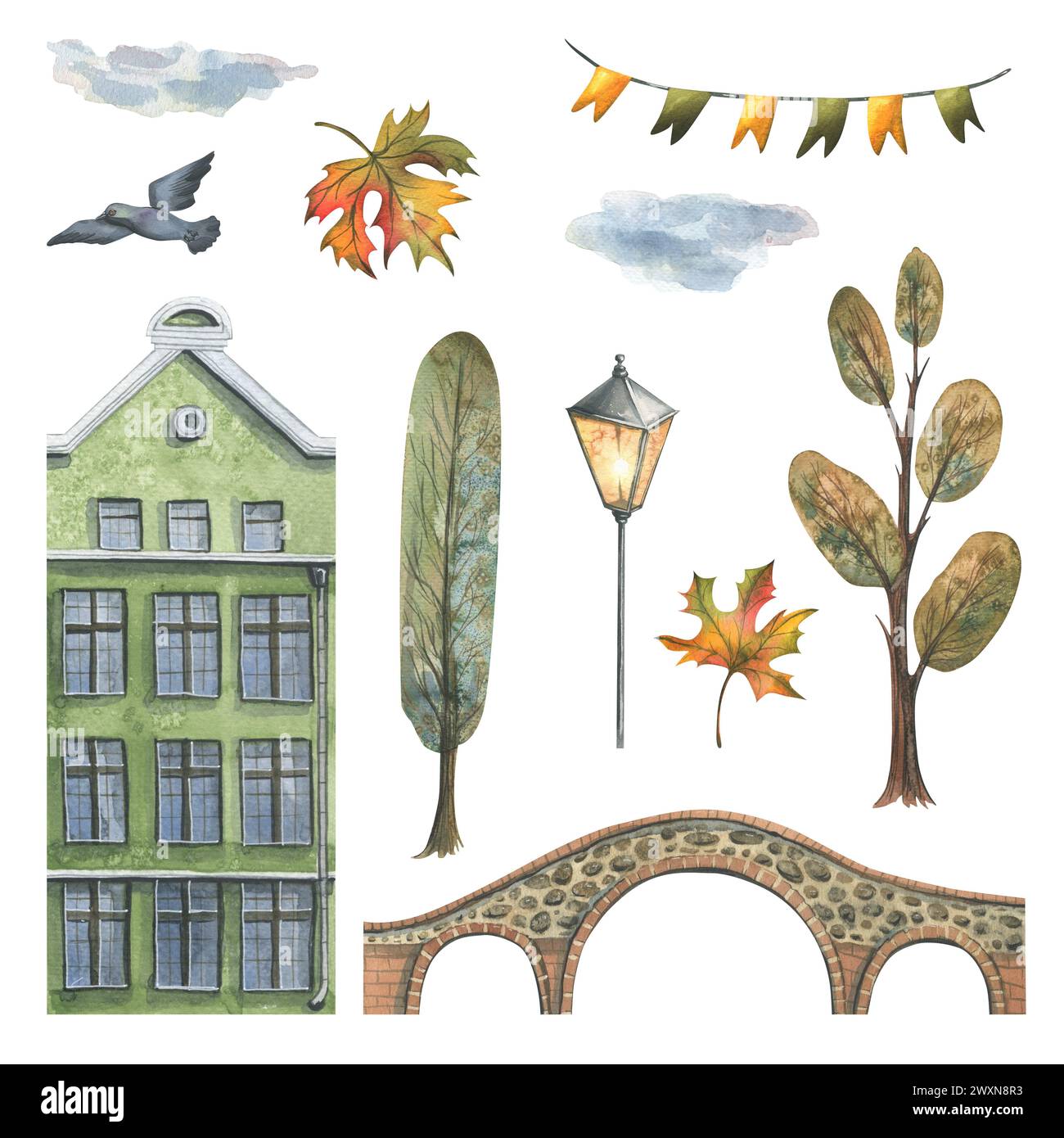 Ancient European houses are colorful, with autumn trees and leaves ...