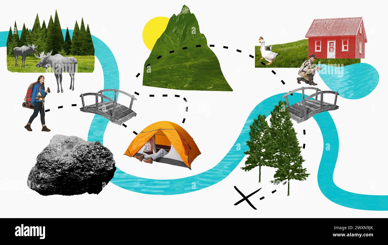 Hiking, camping, fishing activity with wildlife and rural landscape ...