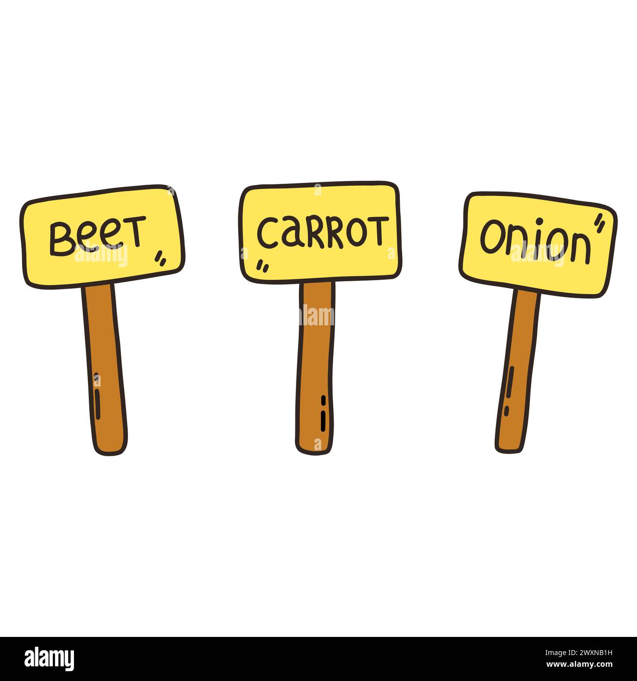 Garden wooden signs with names of vegetables for seedlings. Carrot ...