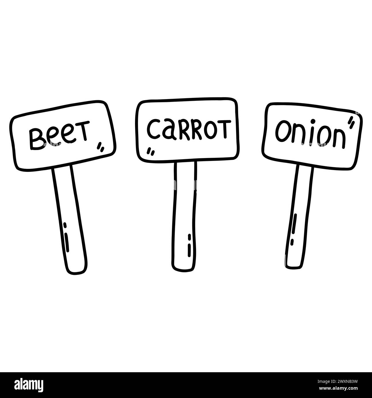 Garden wooden signs with names of vegetables for seedlings. Carrot ...