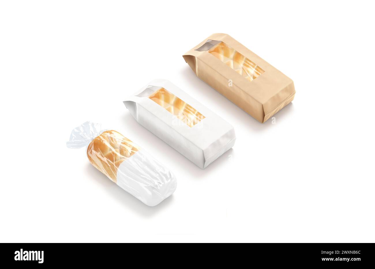 Blank bread in white transparent cellophane and paper pack mockup, 3d ...