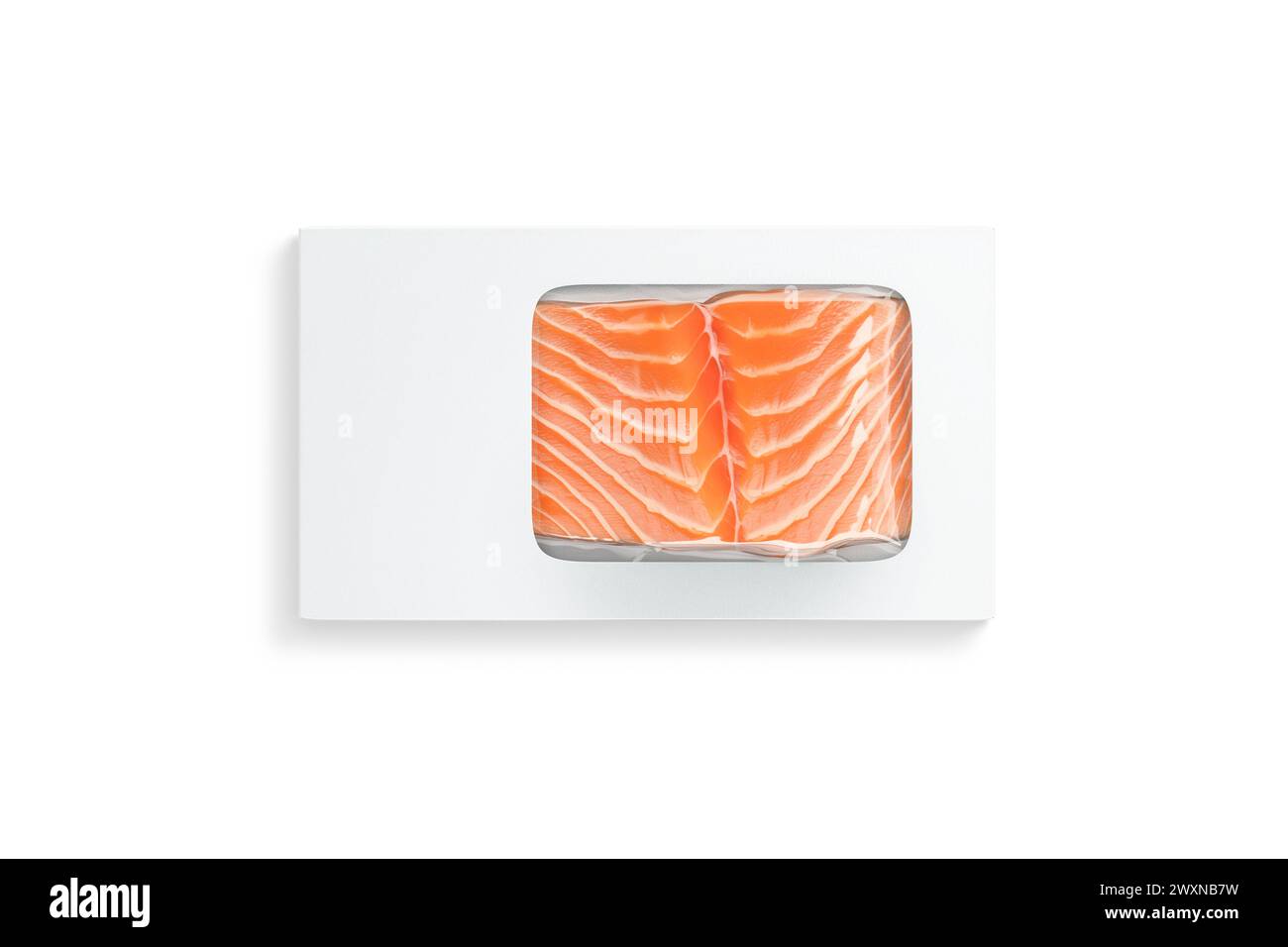 Blank white box pack with salmon mockup, isolated, 3d rendering. Empty ...