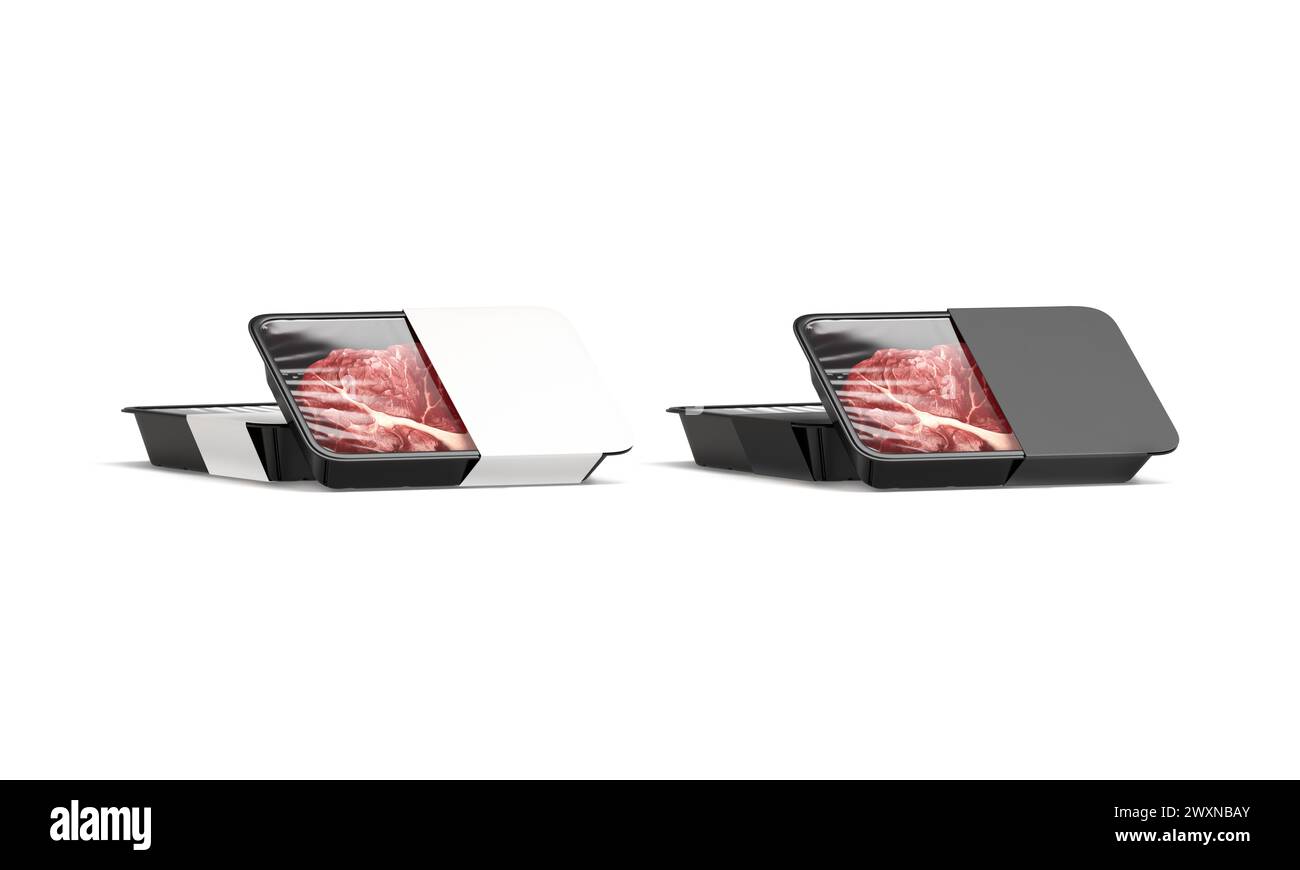 Blank transparent plastic beef tray with black white label mockup, 3d ...