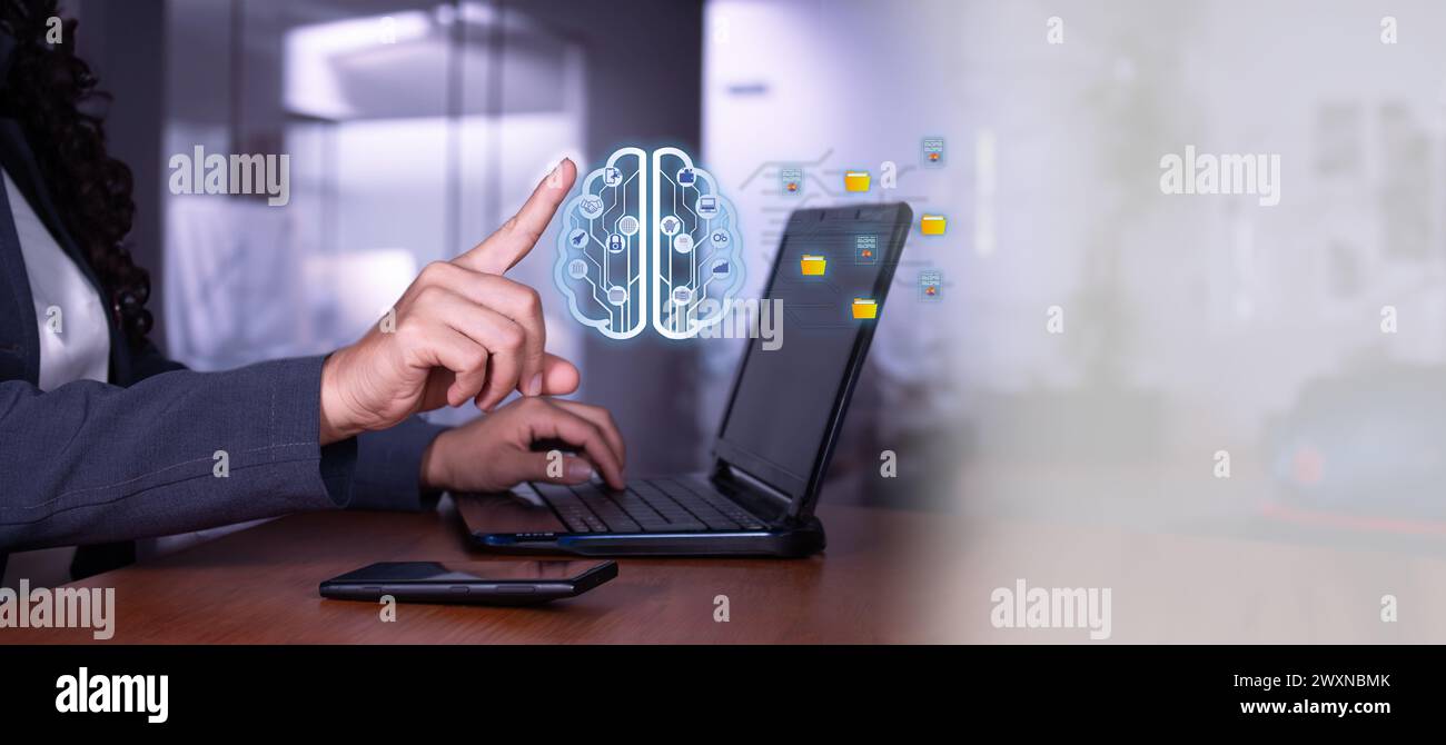 business strategy concept, businesswoman interacts with brain hologram ...