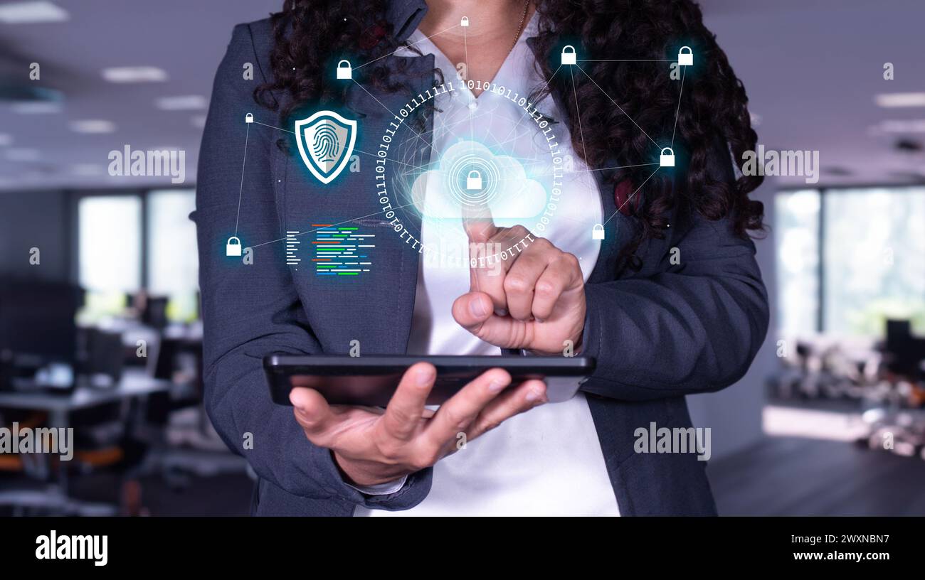 concept. cloud security, executive woman uses global network structural ...
